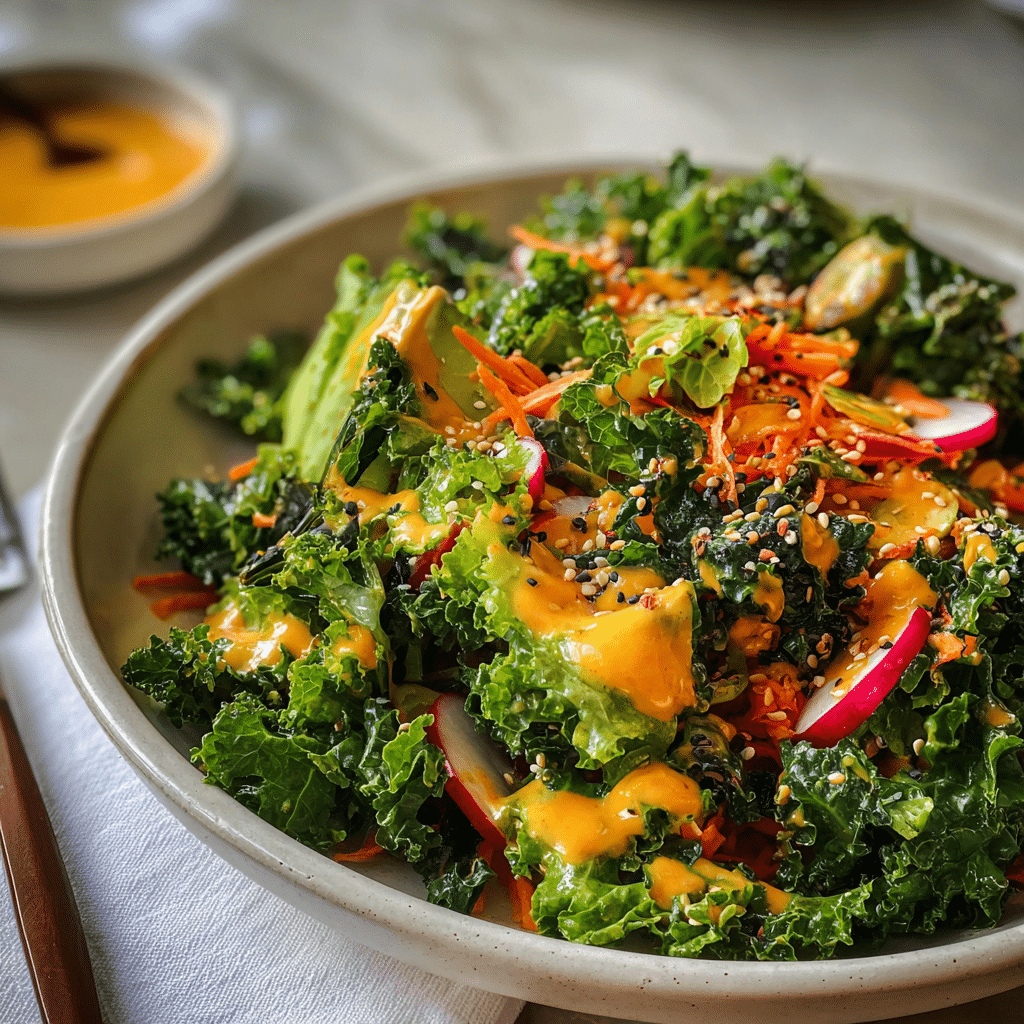 Lunch Salad: Kale Salad with Carrot Ginger Dressing